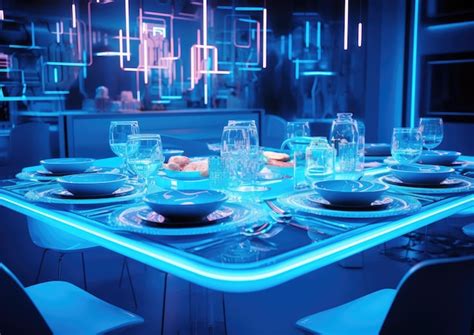 A Futuristic Depiction Of A Thanksgiving Dinner Table Where The Table Is Set With Sleek And