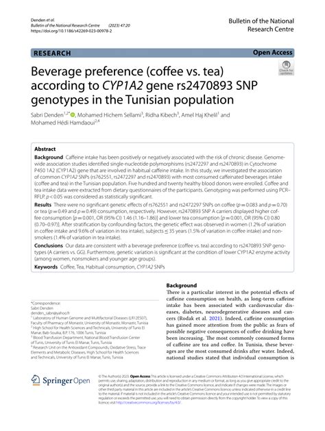 Pdf Beverage Preference Coffee Vs Tea According To Cyp1a2 Gene
