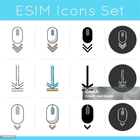 아이콘 을 아래로 스크롤합니다 인터넷 페이지 검색 및 다운로드 지표 아래쪽 화살표입니다 웹 커서 화살촉이 있는 Pc 마우스 선형 검정 및 Rgb 색상 스타일입니다 격리된