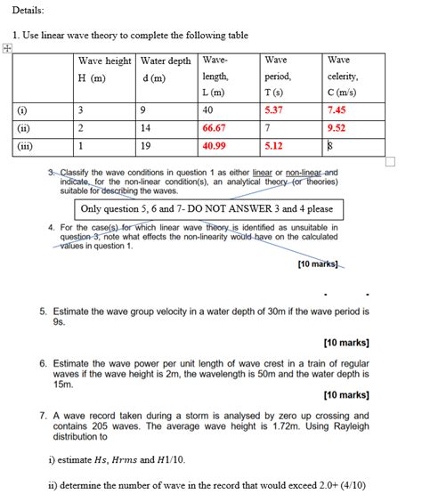 solved 1 use linear wave theory to complete the following