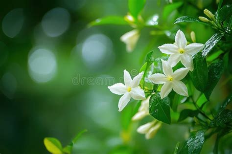 Elegant White Star Jasmine Blossom With Lush Green Leaves Close Up