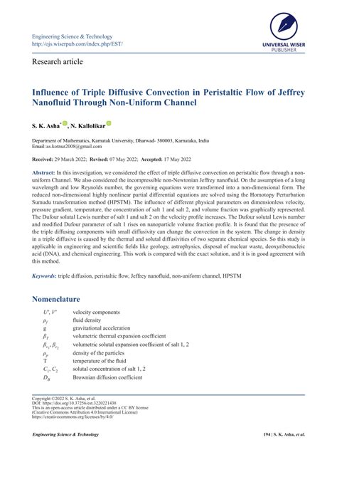 Pdf Influence Of Triple Diffusive Convection In Peristaltic Flow Of Jeffrey Nanofluid Through