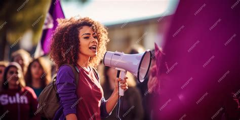 Premium Photo Woman At A Peaceful Protest Holding A Microphone In A