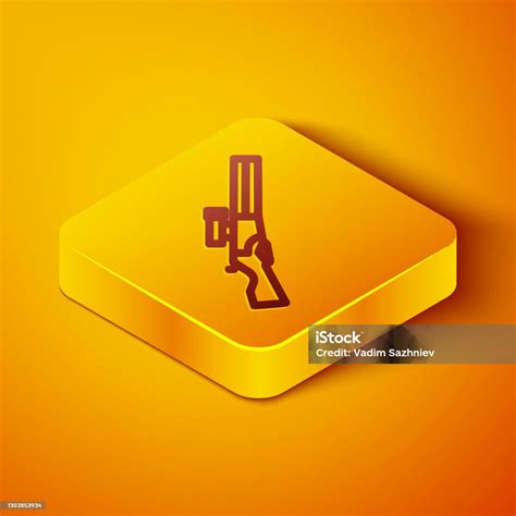 주황색 배경에 격리 된 등색 라인 헌팅 건 아이콘 사냥 산탄총 노란색 사각형 버튼입니다 벡터 겨냥에 대한 스톡 벡터 아트 및 기타 이미지 Istock