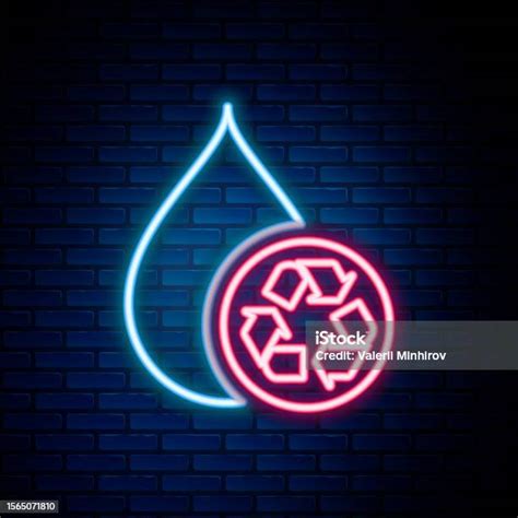 빛나는 네온 라인 벽돌 벽 배경에 고립 된 깨끗한 아쿠아 아이콘을 재활용합니다 표지판 재활용이 있는 물 한 방울 다채로운 개요
