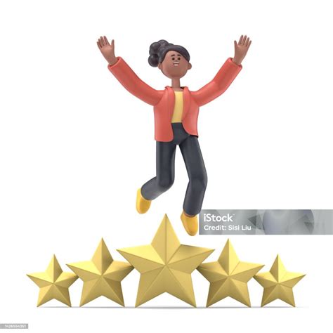 웃는 아프리카 계 미국인 여성 코코의 3d 일러스트레이션은 슈퍼 스타3d 흰색 배경에 렌더링됩니다 별 모양에 대한 스톡 사진 및