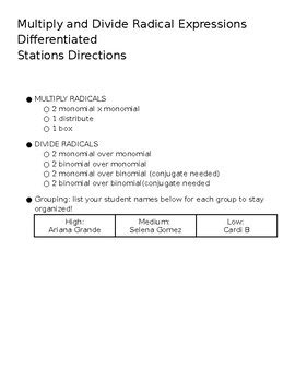 Multiply And Divide Radical Expressions Differentiated Stations
