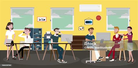 비즈니스 사무실 팀 노동자 여자 남자 및 회의실 및 성장 차트에 유니폼에 보스의 평면 스타일에 벡터 그림 사람들이 이야기 하 고 오픈 스페이스 사무실에서 Pc 노트북 사용