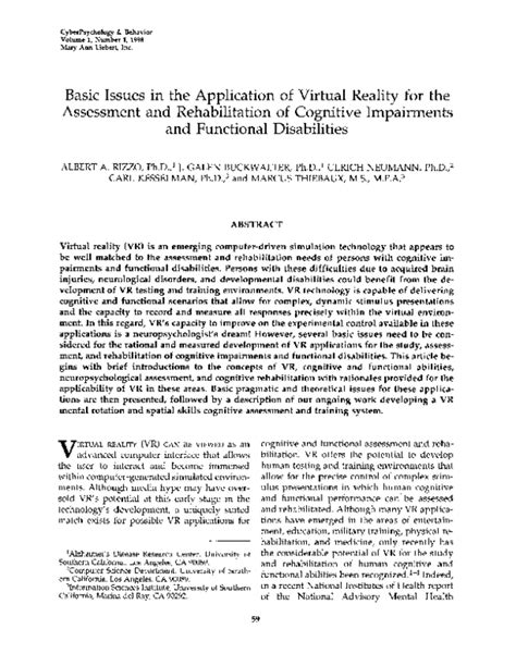 Pdf Basic Issues In The Application Of Virtual Reality For The Assessment And Rehabilitation