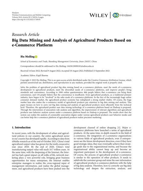 Pdf Big Data Mining And Analysis Of Agricultural Products Based On E Commerce Platform