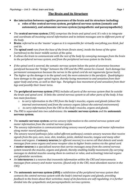 PSY The Brain And Its Structure Topic Notes The Brain And Its Structure The Interaction