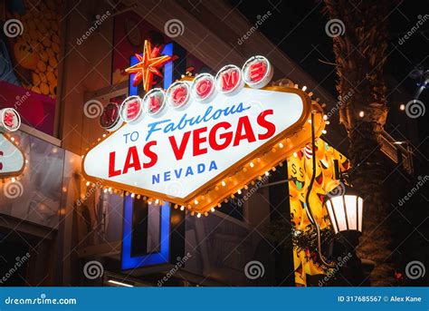 Iconic Welcome To Fabulous Las Vegas Sign Illuminated At Night Stock Image Image Of Neon