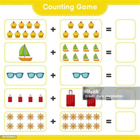게임을 계산 선박 스티어링 휠의 수를 계산 컵 케이크 범선 선글라스 여행 가방 및 결과를 작성합니다 교육 어린이 게임 인쇄 워크 시트 벡터 일러스트레이션 0명에 대한 스톡