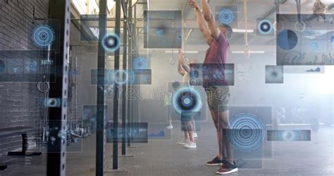 People Exercising In Gym With Digital Fitness Data Overlay Animation