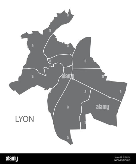 Lyon City Map With Districts Grey Illustration Silhouette Shape Stock