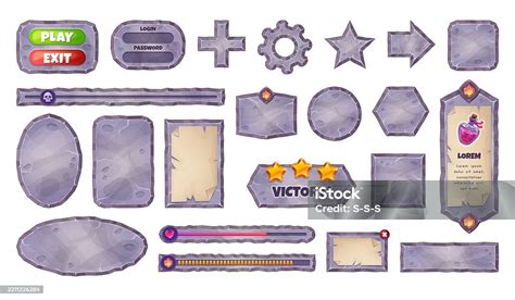 스톤 게임 인터페이스 광장 원 바위 Ui 정제 버튼 돌 질감 메뉴 프레임 Gui 보드 중세 롤플레잉 판타지 게임 앱 2d 만화 락 플레이트 세트 호화로운 벡터 일러스트 레이