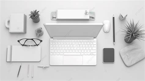 노트북 노트북 클립보드와 깨끗한 흰색 단색 배경 3d 렌더링을 갖춘 미니멀한 작업 공간 설정 종이 테이블 흰색 책상 평평한 책상 배경 일러스트 및 사진 무료 다운로드