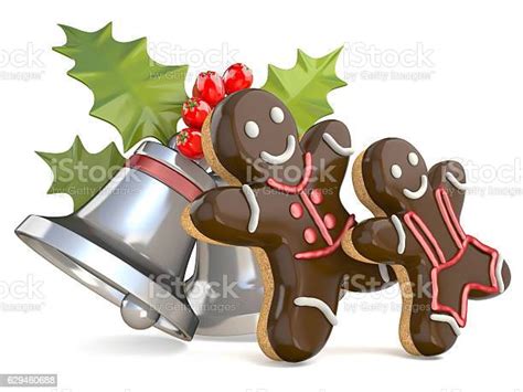 홀리 베리와 함께 웃고있는 진저 브레드 남자와 크리스마스 종 3차원 형태에 대한 스톡 사진 및 기타 이미지 3차원 형태