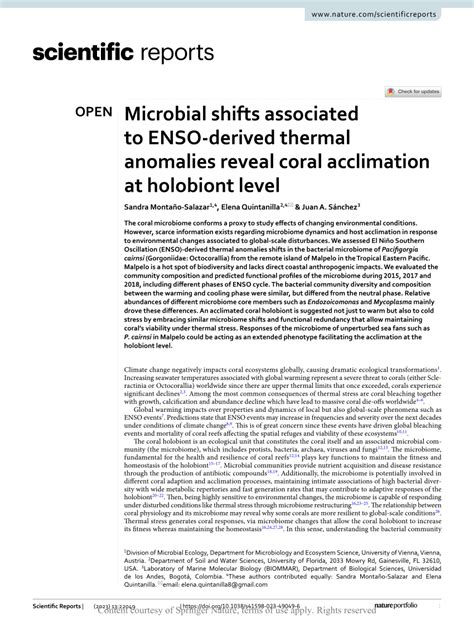 Pdf Microbial Shifts Associated To Enso Derived Thermal Anomalies Reveal Coral Acclimation At