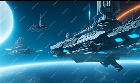 파란색 배경의 미래 컨셉 아트가 있는 우주의 대형 공상 과학 우주선 프리미엄 사진
