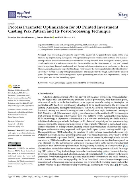 Process Parameter Optimization For 3d Printed Investment Casting Wax Pattern And Post Processing