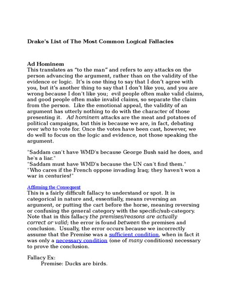 Most Common Fallacies Lecture Notes Drake S List Of The Most Common Logical Fallacies Ad