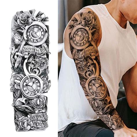 Flower And Clock Temporary Sleeve Tattoos Neartattoos Temporary
