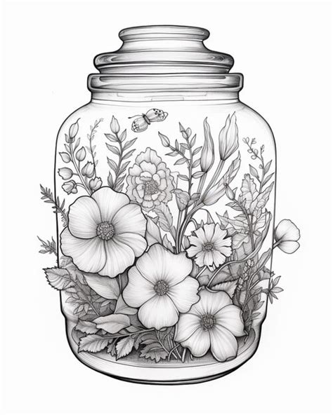 Jar With Flower Drawing And Flowers Premium Ai Generated Image