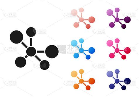 黑色分子图标孤立在白色背景。化学分子结构，科学教师创新教育海报。设置图标丰富多彩。向量