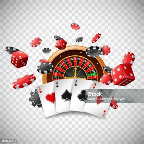 고립 된 투명 배경에 카드와 빨간 주사위를 재생 칩 포커와 카지노 룰렛 휠 그런지 이미지 기법에 대한 스톡 벡터 아트 및 기타
