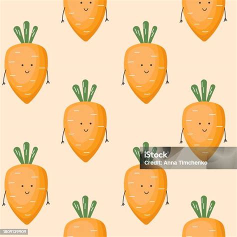 벡터 완벽 한 패턴 와 귀여운 만화 재미 있은 당근 어린이 건강 영양 개념입니다 아기 야채 캐릭터 0명에 대한 스톡 벡터 아트