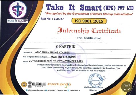 C Karthik On Linkedin Completed An Internship Based On Machine Learning