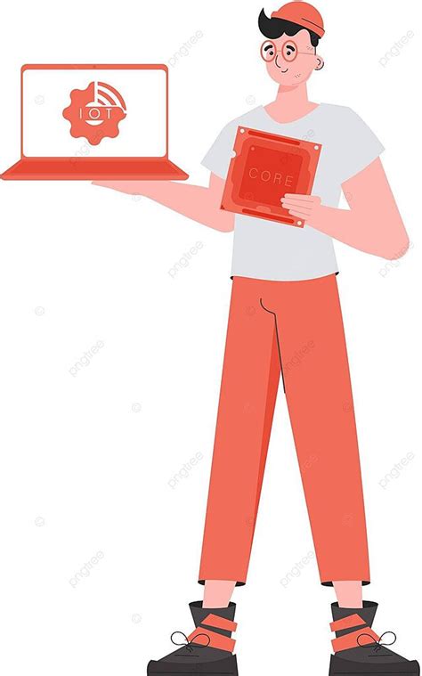 Man Holds Laptop And Processor Chip Iot Concept Isolated Vector Illustration Vector Technical