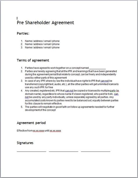 Pre Shareholder Agreement Template Eloquens