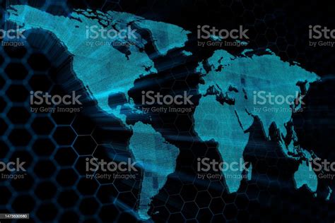 파란색 디지털 세계 지도 관점은 어두운 육각형 배경에 있습니다 3d 렌더링 어두운 색에 대한 스톡 사진 및 기타 이미지 어두운 색 글로벌 커뮤니케이션 디지털 생성