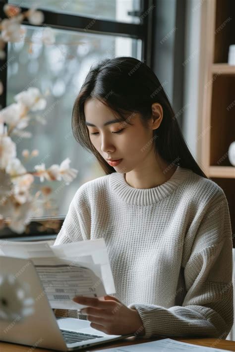An Asian Woman Opening Bill Envelope At Home Premium Ai Generated Image