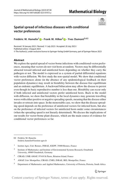 Spatial Spread Of Infectious Diseases With Conditional Vector Preferences Request Pdf