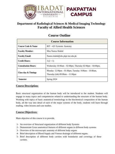 Course Outline Rit 421 Systemic Anatomy Pdf Peritoneum Muscle