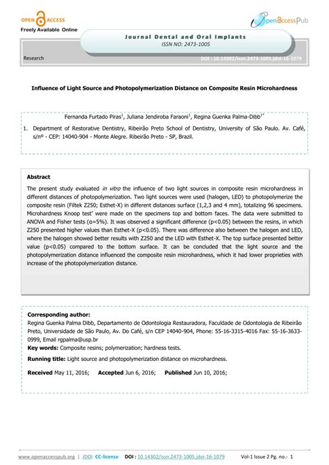 Pdf Influence Of Light Source And Photopolymerization Distance On