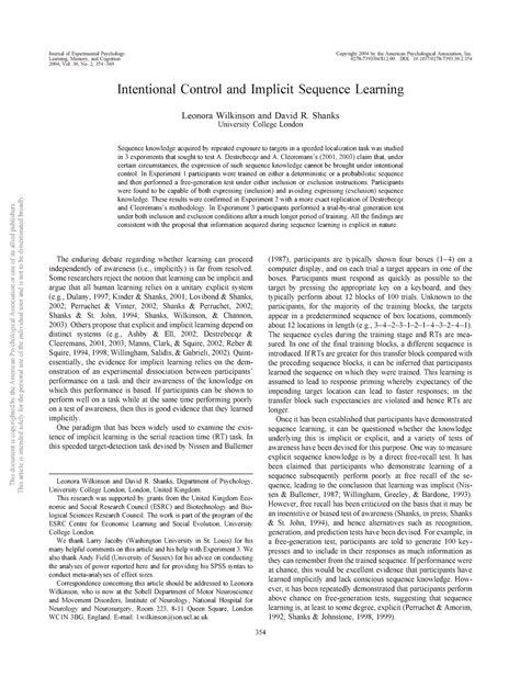 Wilkinson And Shanks Intentional Control Of Implicit Sequence Learning Jep Lmc 2004