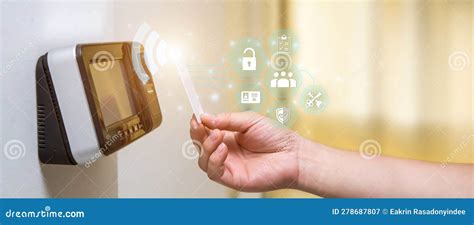 Proximity Card Reader Door Unlock Hand Security Man Using ID Card On Fingerprint Scanning