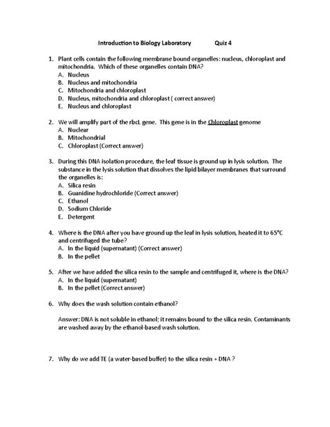 Intro To Bio Lab Quiz Introduction To Biology Laboratory Quiz Plant Cells Contain The