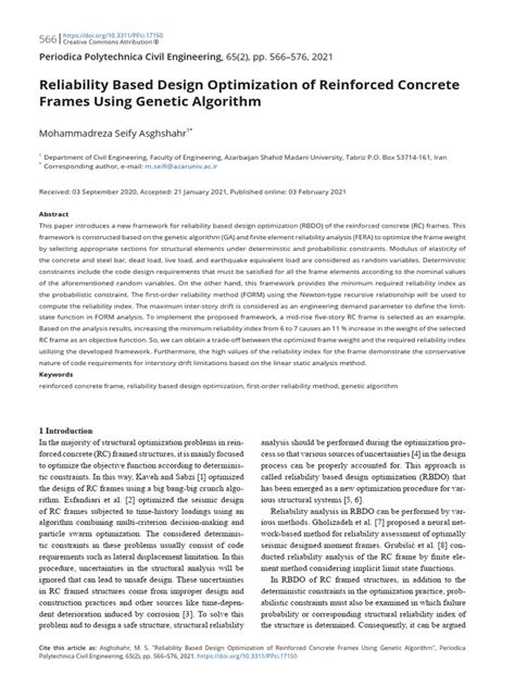 2021 Reliability Based Design Optimization Of Reinforced Concrete Frames Using Genetic