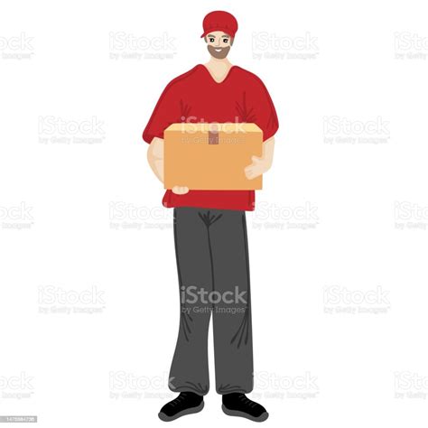 택배 배달 서비스에서 빨간 유니폼을 입고 웃는 남자 소포 상자를 들고 개념에 대한 스톡 벡터 아트 및 기타 이미지 개념 나름 나무 기둥 Istock