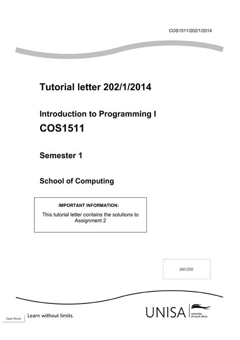 Assignment Solutions 2014 Cos15112021 Tutorial Letter 2021