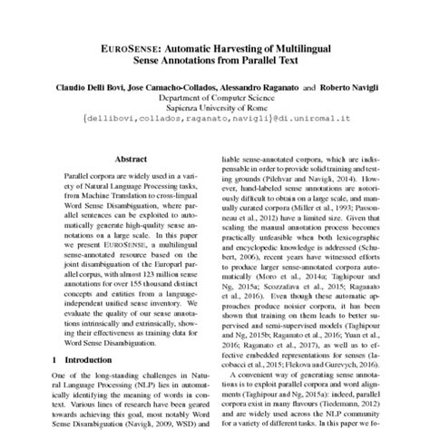 Eurosense Automatic Harvesting Of Multilingual Sense Annotations From Parallel Text Acl Anthology