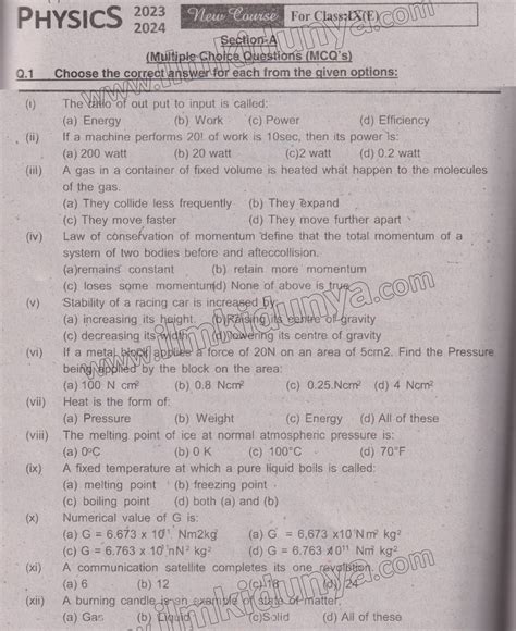 Past Paper Hyderabad Board Class Th Physics Objective