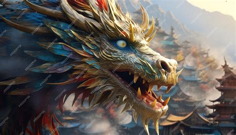 An Ultradetailed Digital Portrait Of A Chinese Dragons Face Focusing On