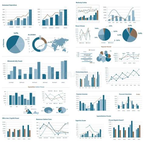 Various Data Visualization Elements Including Bar Charts Line Graphs And Pie Charts Stock