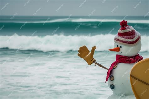 Premium Photo Snowman Holding A Surfboard Waves In The Background